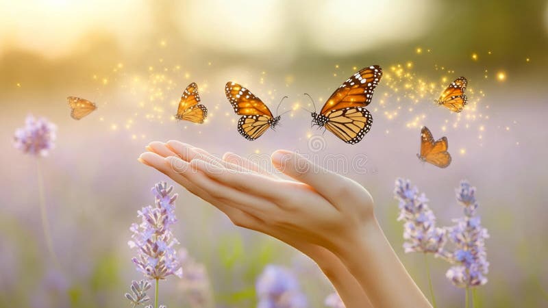 Delicate Monarch Butterflies Landing on a Female Hand in an Ethereal ...