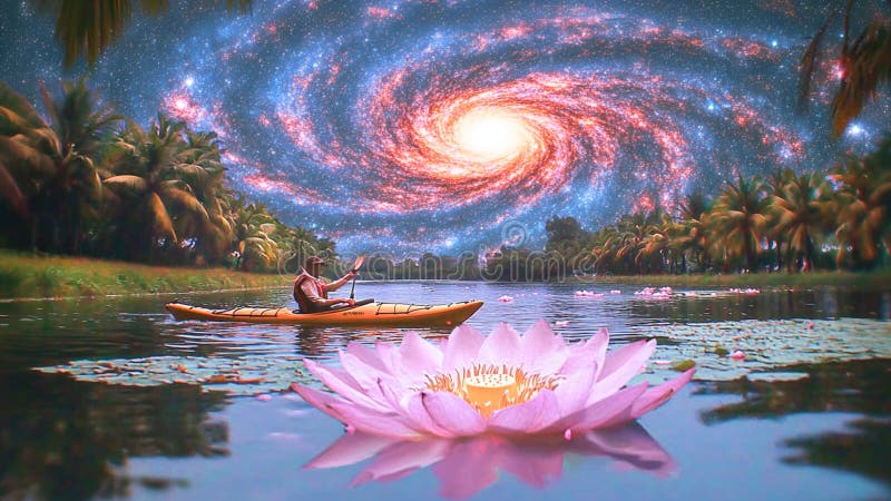 A Man Kayaking on a Dreamy Peaceful Lake Under a Cosmic Sky with ...