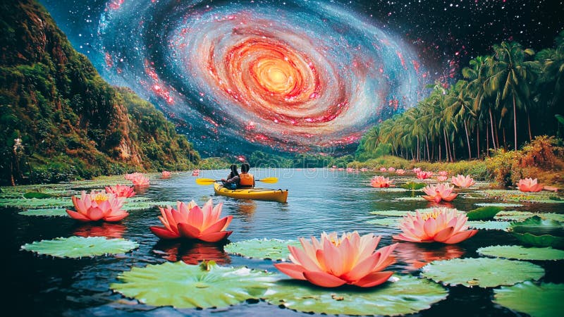 A Couple Kayaking on a Dreamy Peaceful Lake Under a Cosmic Sky with ...