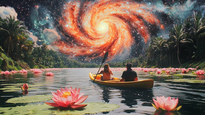 A Couple Kayaking on a Dreamy Peaceful Lake Under a Cosmic Sky with ...