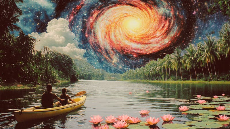 A Couple Kayaking on a Dreamy Peaceful Lake Under a Cosmic Sky with ...