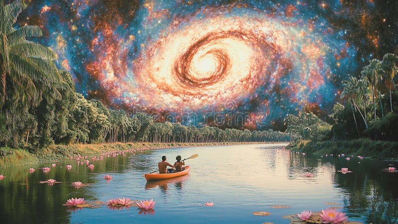 A Couple Kayaking on a Dreamy Peaceful Lake Under a Cosmic Sky with ...