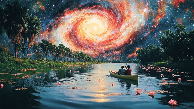 Friends Kayaking on a Dreamy Peaceful Lake Under a Cosmic Sky with ...
