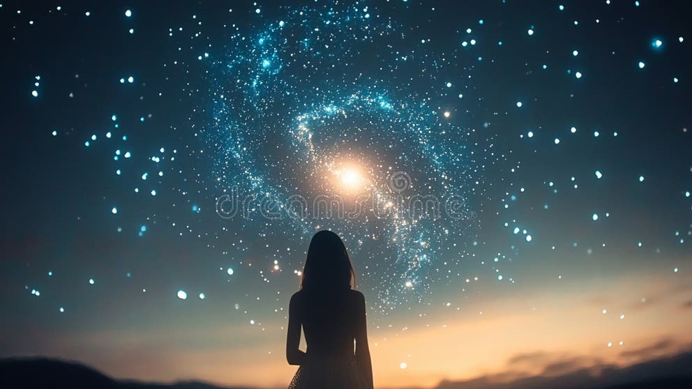 A Girl Stargazing Looking at a Beautiful Cosmic Galaxy in the Starry ...