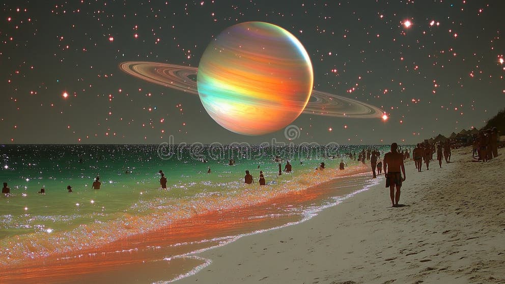 A Cosmic Glowing Planet with Rings in the Sky Surrounded by Twinkling ...