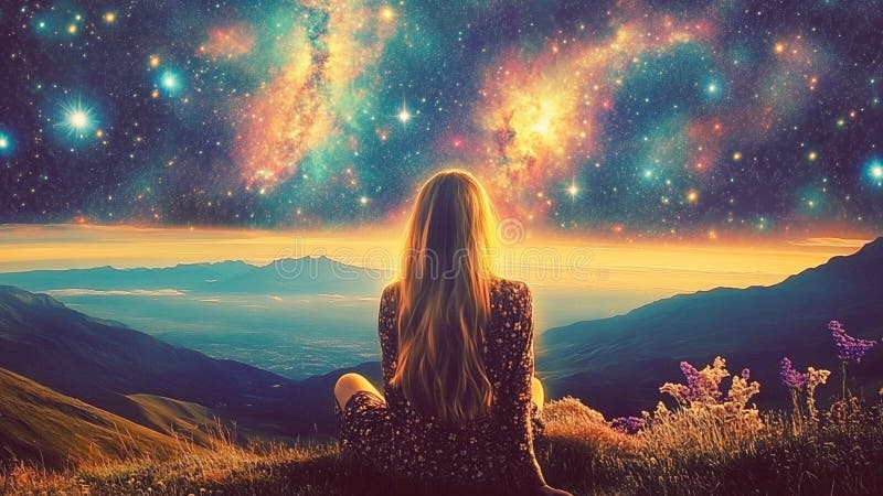 An Introspective Woman in a Fantasy Dreamy Meadow Stargazing Under a ...