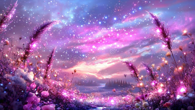 Magical Flower Meadow with Fantasy Purple Flower and Cosmic Glowing ...