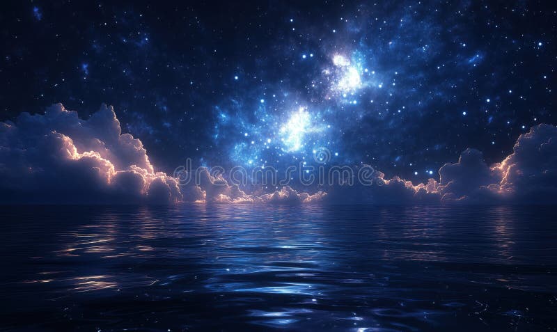 Stunning Cosmic Ocean View with Starry Sky and Glowing Clouds at Night ...