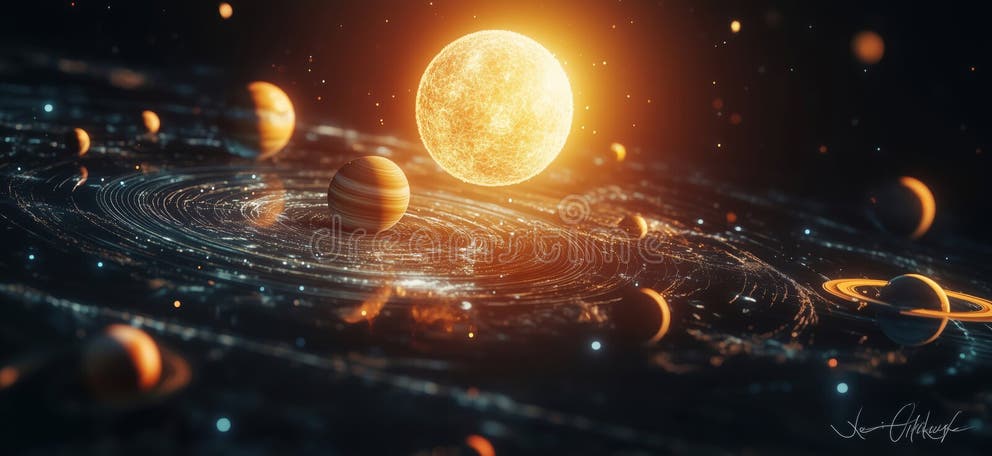 Stunning Cosmic Scene Featuring Planets Orbiting a Bright Sun in Deep ...