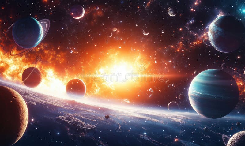 Stunning Cosmic Scene Featuring Planets and a Vibrant Star Explosion in ...