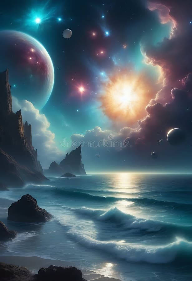 A Stunning Cosmic Seascape Features Towering Cliffs, Glowing Celestial ...