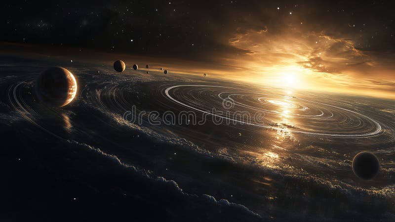 A Stunning Cosmic View of Planets Orbiting Around a Glowing Sun Set ...