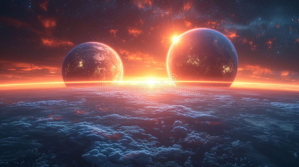 A Stunning Cosmic View of Two Planets during Sunset Above Fluffy Clouds ...