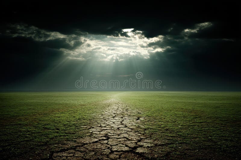 Cracked Ground in Desert Landscape with Dramatic Sky and Rays of Light ...
