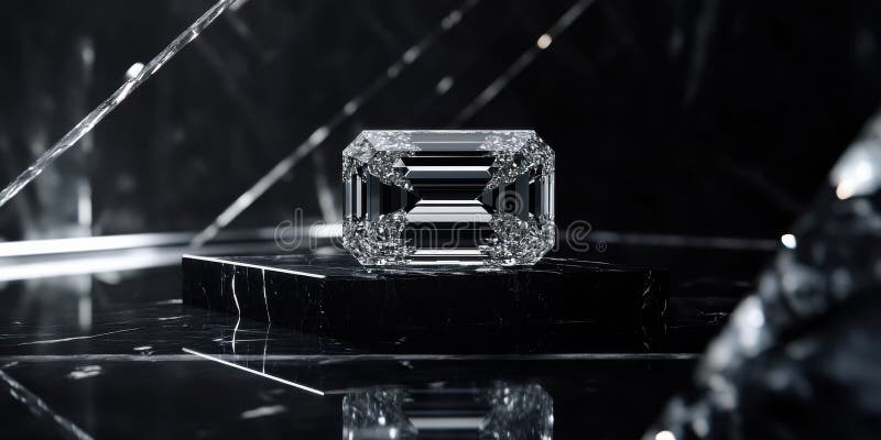 Stunning Crystal Clear Diamond on Reflective Black Marble Surface in ...