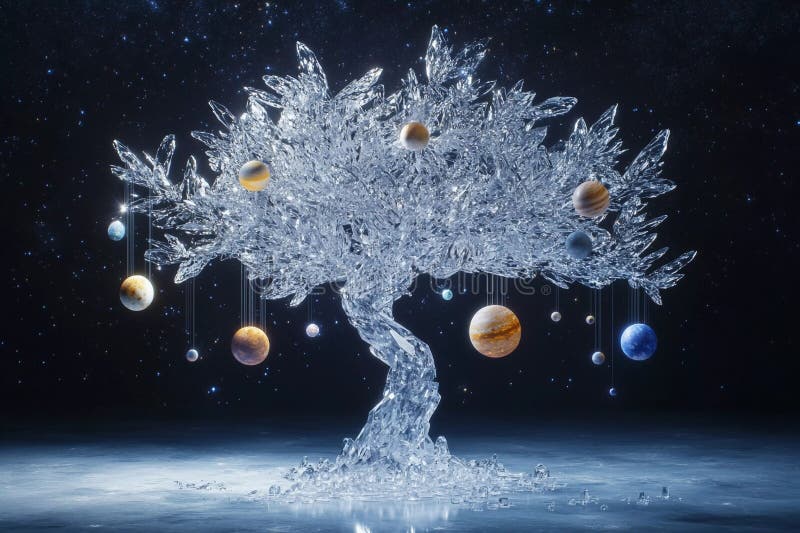 Crystal Tree Sculpture Displays Planets in Cosmic Arrangement Against ...