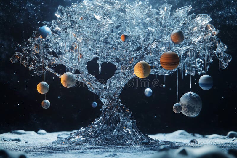 Crystal Tree Sculpture Displays Planets in Cosmic Arrangement Against ...