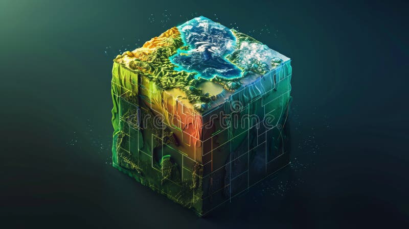 Abstract 3D Cube with Vibrant Colors Depicting Various Terrains ...