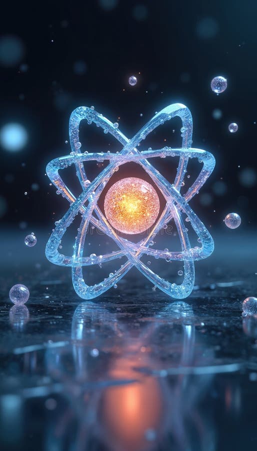 Stunning 3D Illustration Atom with Glowing Particles. Quantum Physics ...