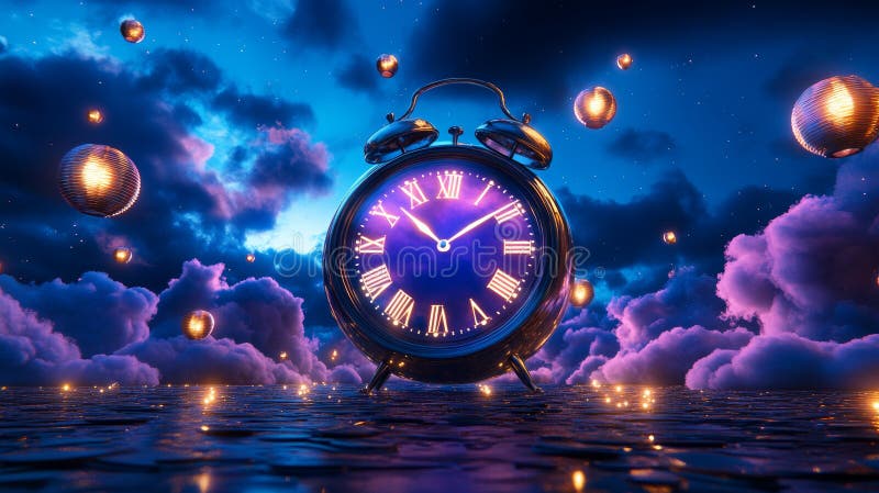 Clock Face with Sky Lanterns at Night Stock Illustration - Illustration ...