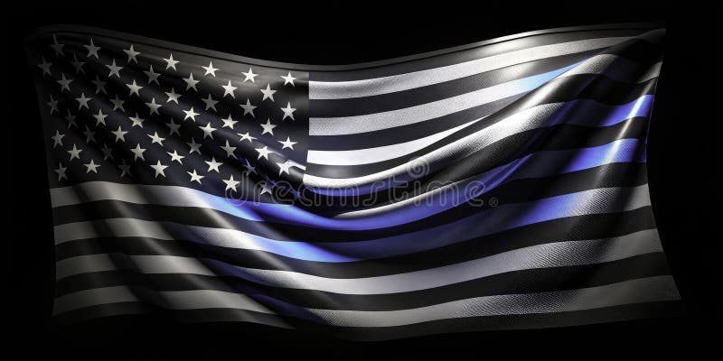 Dramatic Night Photography of a Waving USA Blue Line Flag 3D Rendered ...