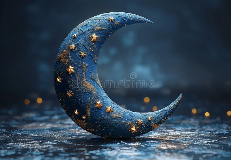 A Mystical Blue Crescent Moon Decorated with Golden Stars Stock ...