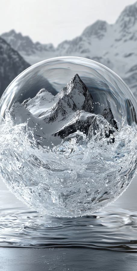 3D Render of a Sphere Encapsulating a Mountain and Water Scene with ...