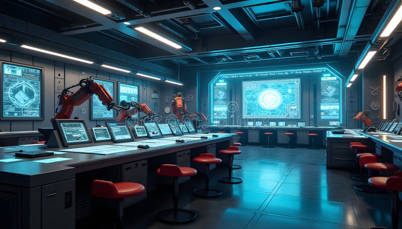 Futuristic Control Room Design with Robotic Arms and Screens Stock ...