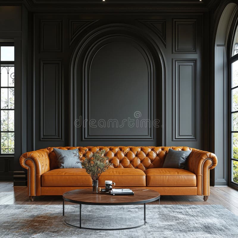 A Stunning 3D Render of an Interior Featuring Dark Gray Walls Stock ...