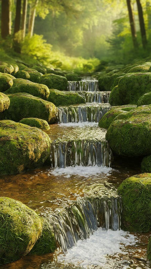 A Tranquil Forest Stream Flows with Crystal-clear Water Cascading Over ...