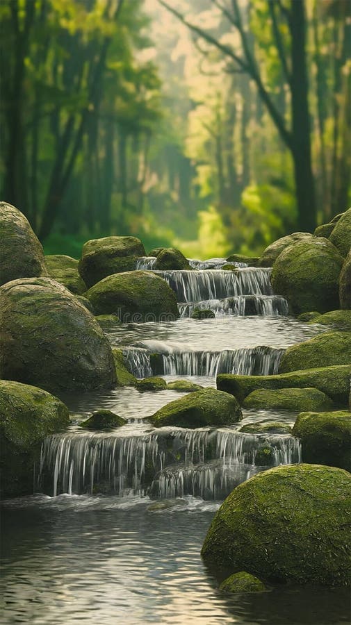 A Tranquil Forest Stream Flows with Crystal-clear Water Cascading Over ...