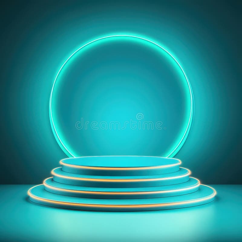 Teal Neon Circle and Multi-Tiered Product Display Platform. Stock ...