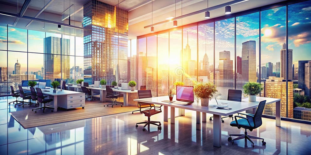 Stunning 3D Rendered Office Interior a Double Exposure Design Concept ...