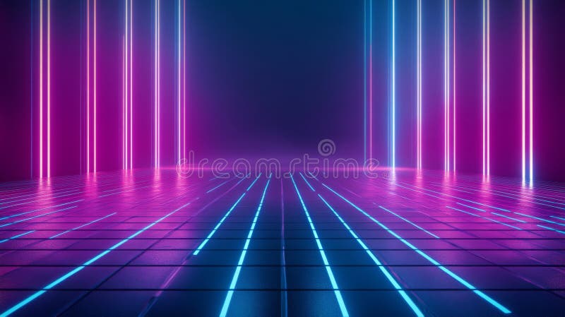 Stunning 3D Rendering of a Metallic Floor with a Blue Neon Light Reflection Strip, Set Against a ...