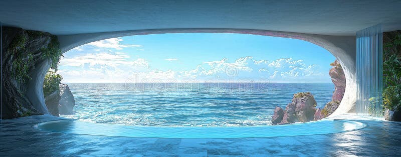 Ocean View Infinity Pool in Modern Cave Home Design Stock Illustration ...