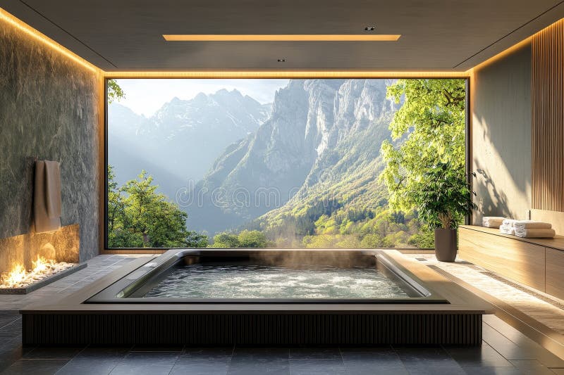 Stunning 3d Rendering of a Modern Hot Tub in a Mountain Valley Spa Room ...