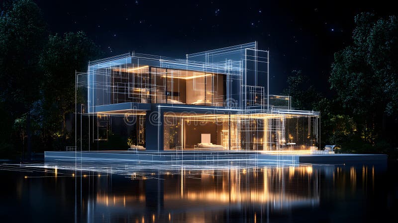 Stunning 3D Rendering of Modern House Blueprint at Night, Showcasing ...