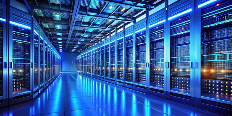 Stunning 3D Rendering of a Modern Server Room Showcasing Blue Lighting ...