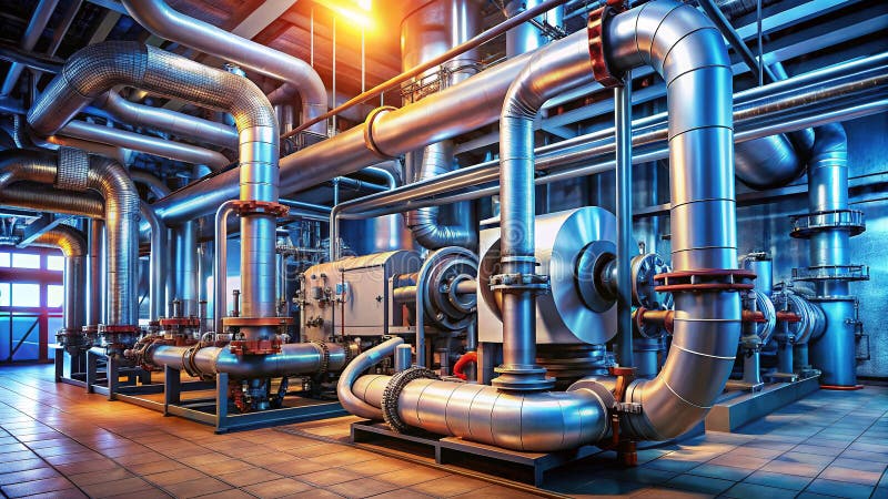 Intricate Network of Industrial HVAC Piping and Chiller System in a ...