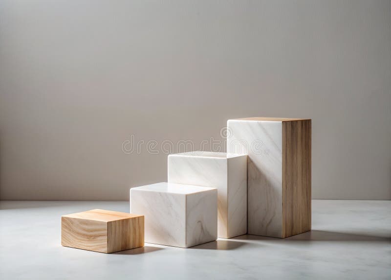 Modern Minimalist 3D Rendering Wooden Block Stages on a Marble Table ...