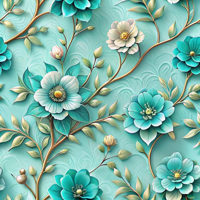 Turquoise Flowers with Pattern Flowers Branch Wallpaper 3D Stock ...