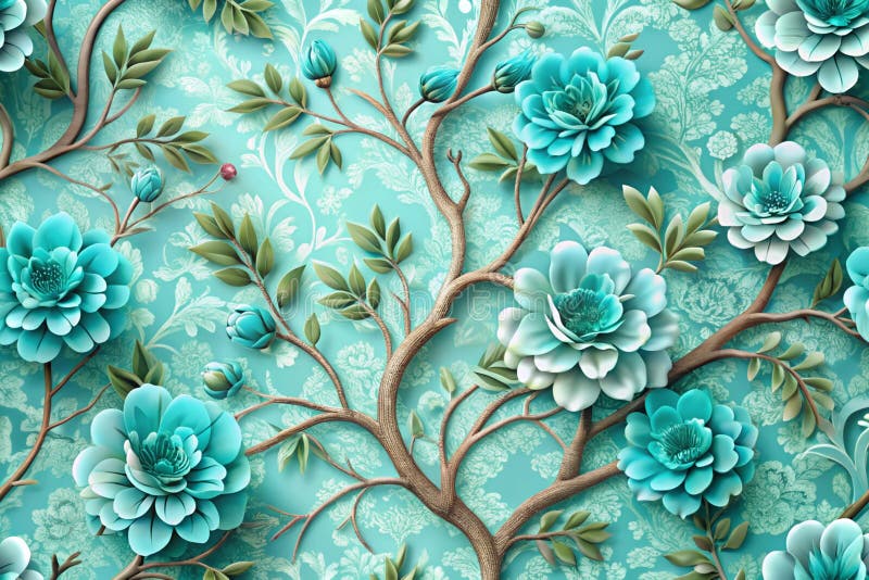 Turquoise Flowers with Pattern Flowers Branch Wallpaper 3D Stock ...