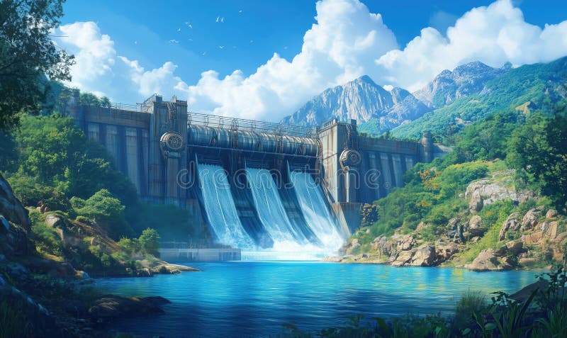 Stunning Dam Landscape with Cascading Waterfalls and Serene Mountain ...