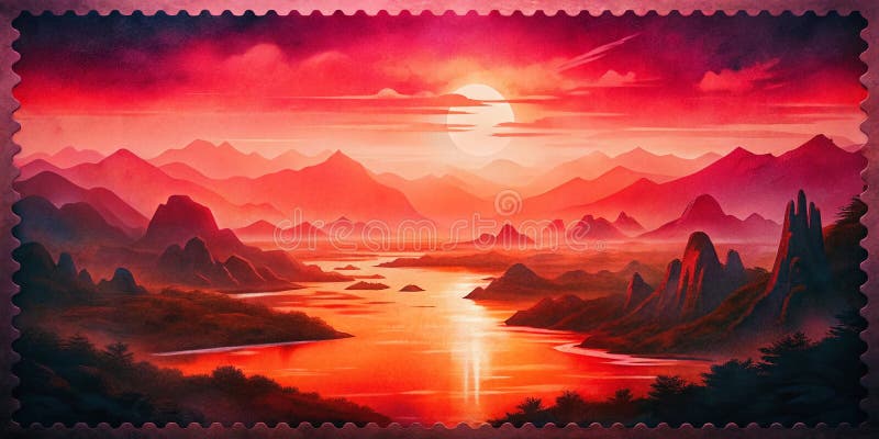 Stunning Dawn Landscape Depicted on a Red Postage Stamp Exploring the ...