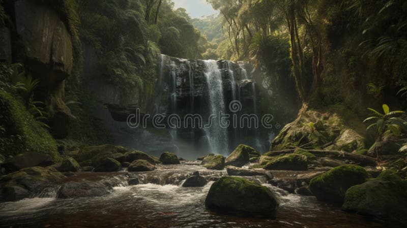 Stunning Deep Forest Waterfall in Panoramic View Stock Illustration ...