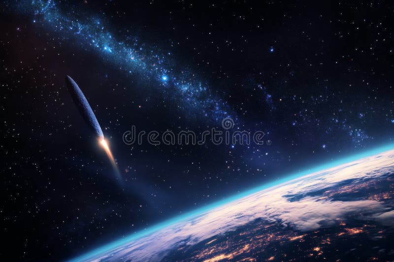 Celestial Comet Over Earth at Night Stock Illustration - Illustration ...