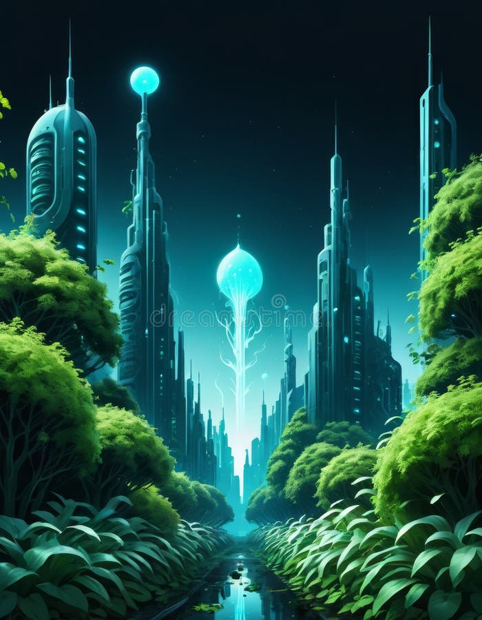 Futuristic Cityscape with Greenery and Glowing Structures Stock Image ...