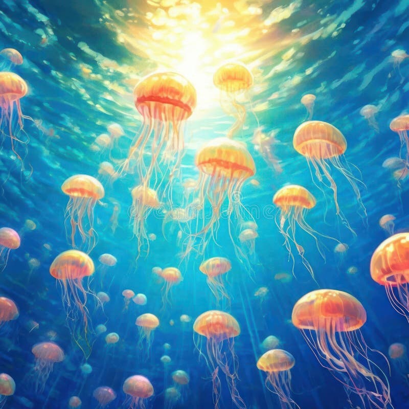 Jellyfish Swarm, Hovering in the Ocean Current Stock Illustration ...