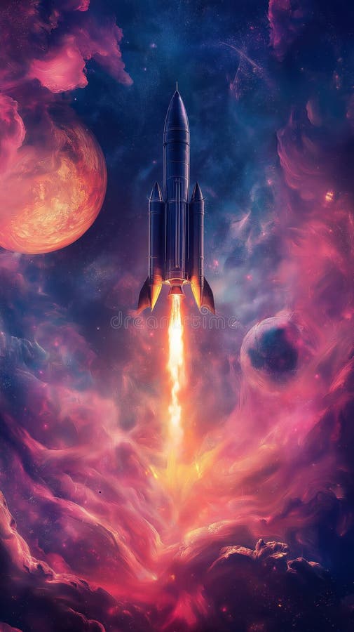 Cosmic Journey, a Rocket Ascends through the Nebula Stock Illustration ...