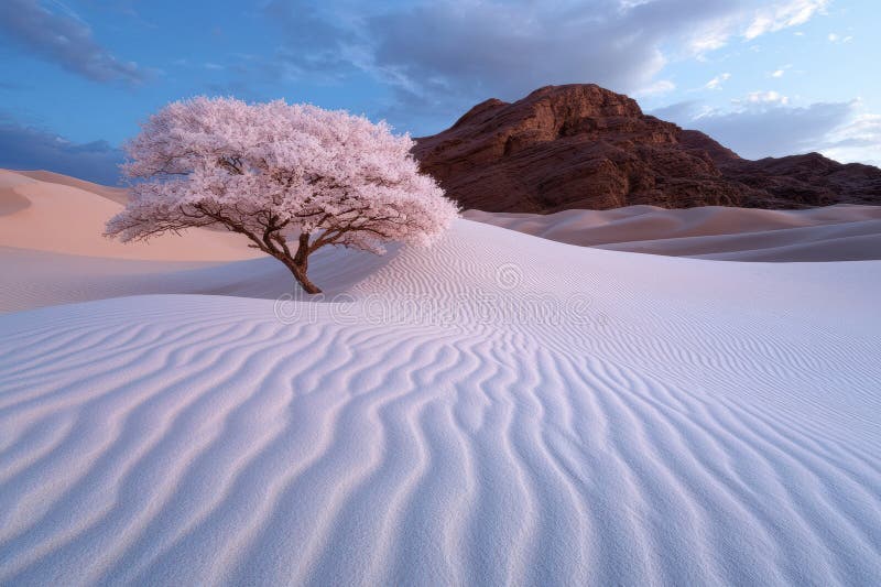 Stunning Desert Landscape with Blooming Cherry Blossom Tree Stock ...